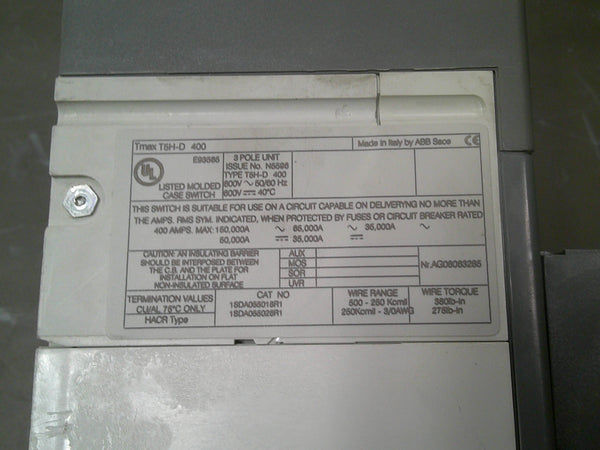 ABB SACE Tmax Main Circuit Breaker T5H-400 3-Pole 600V Issue/ TS3 H 15 ...